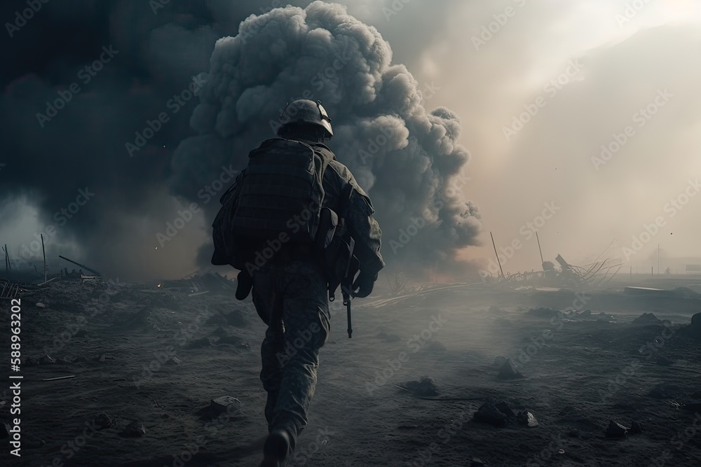 Lone soldier walking on the battlefield. Illustration of a military man ...