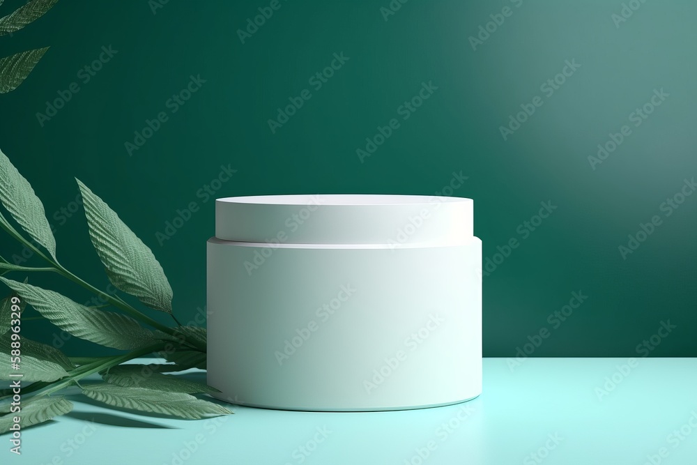 Minimalist Green Table with White Cream Container and Foliage ...