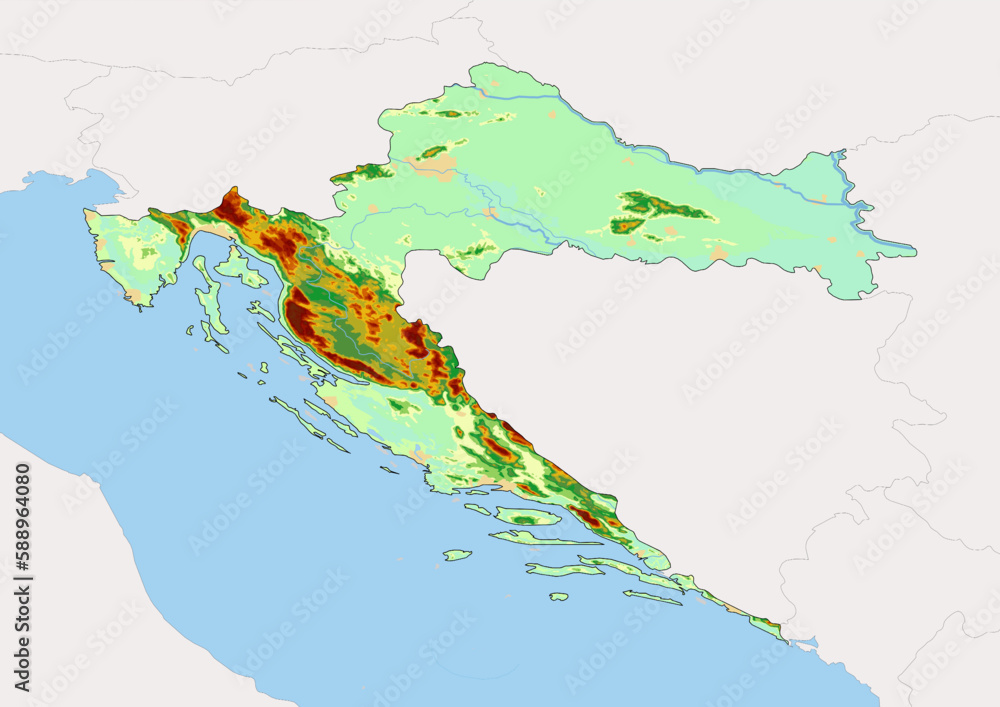 High detailed vector Croatia physical map, topographic map of Croatia on white with rivers ...