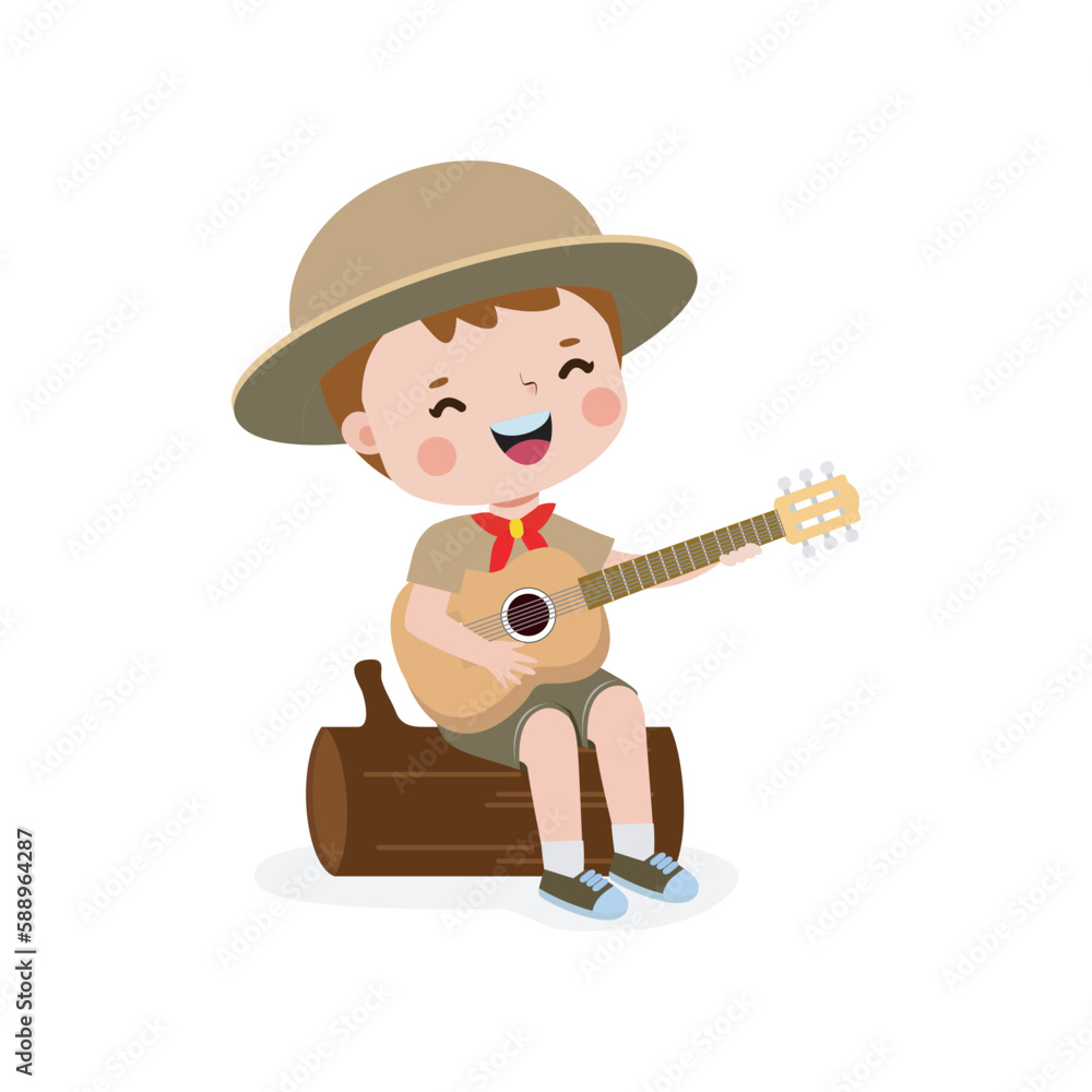 cute little boy scout playing guitar, Happy kid girl scout honor ...