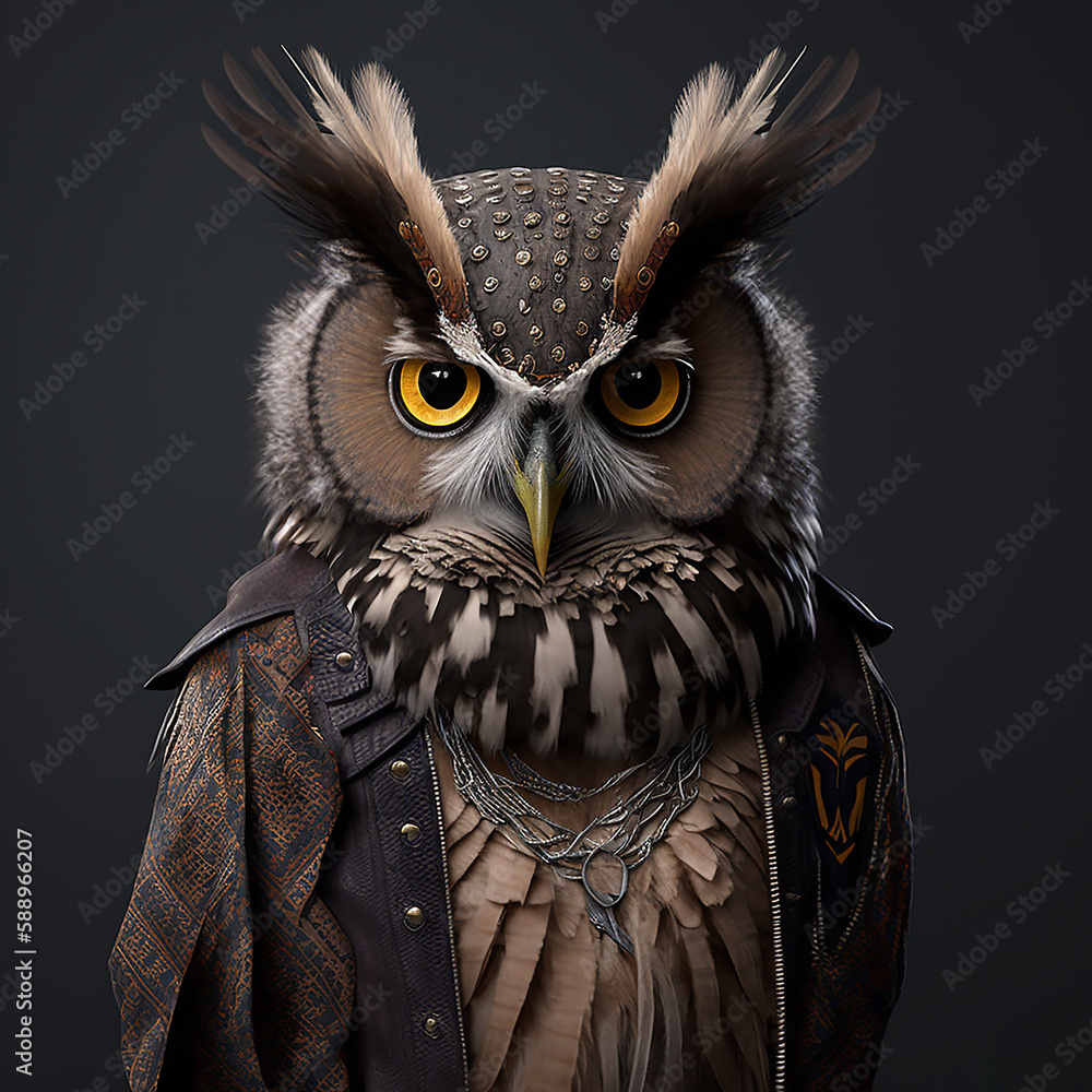 Realistic lifelike owl bird in punk rock aggressive rocker outfits ...