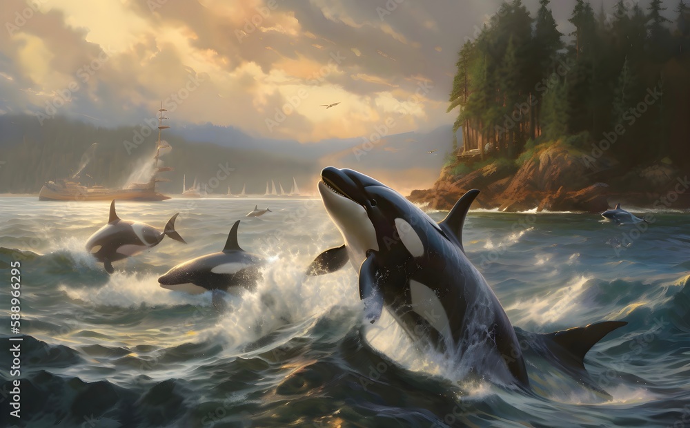 Orca swimming with its pod | Aquatic Animal illustrations/backgrounds ...
