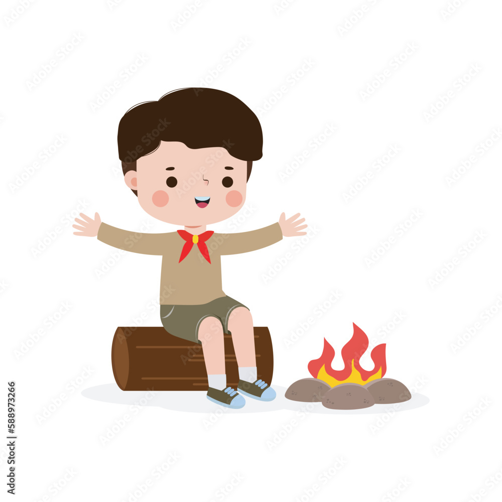 Cute little boy scout or girl scout sitting on a log by the campfire ...