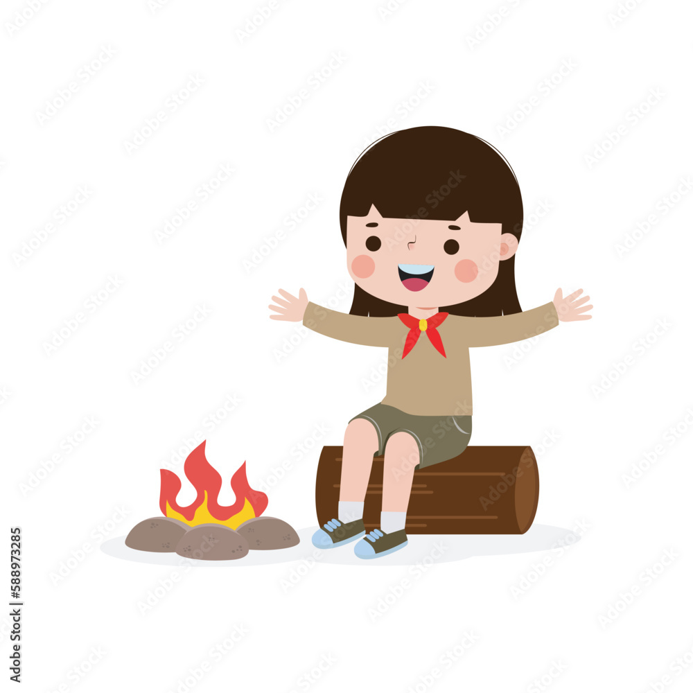 Cute little boy scout or girl scout sitting on a log by the campfire ...