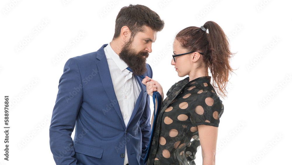Eye contact. Sexy woman tempting bearded man. Falling into temptation ...