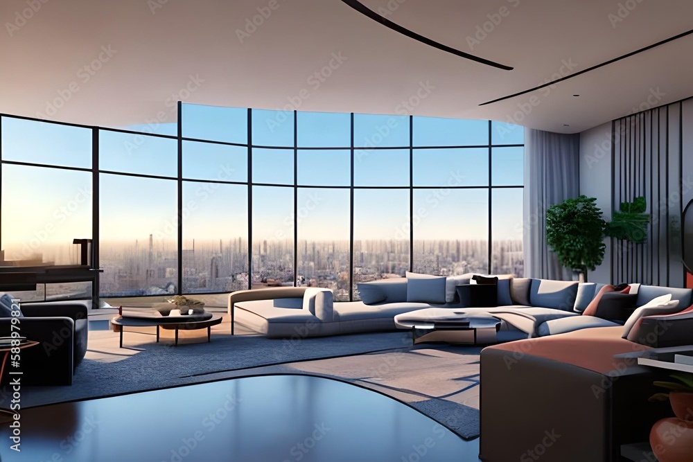 Zoom background: a modern penthouse living room with large windows ...