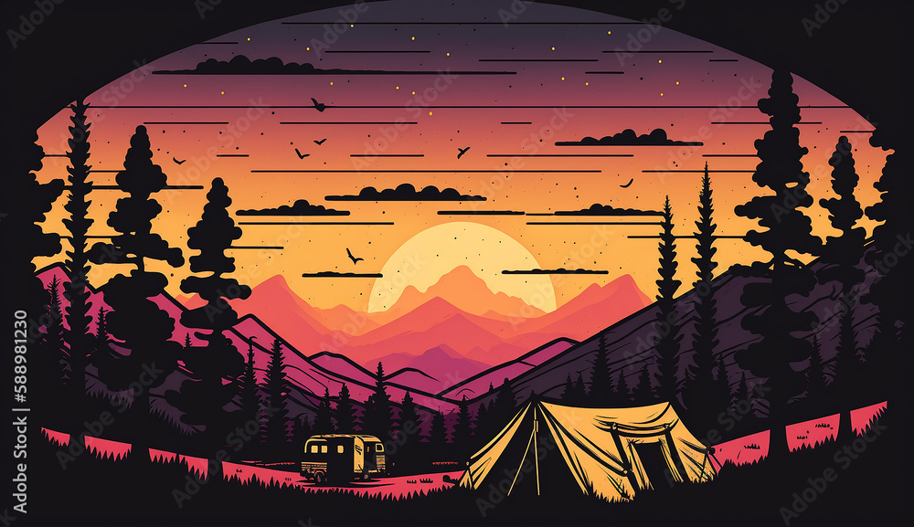 Cartoon style illustration of camping tent in front of a sunset ...