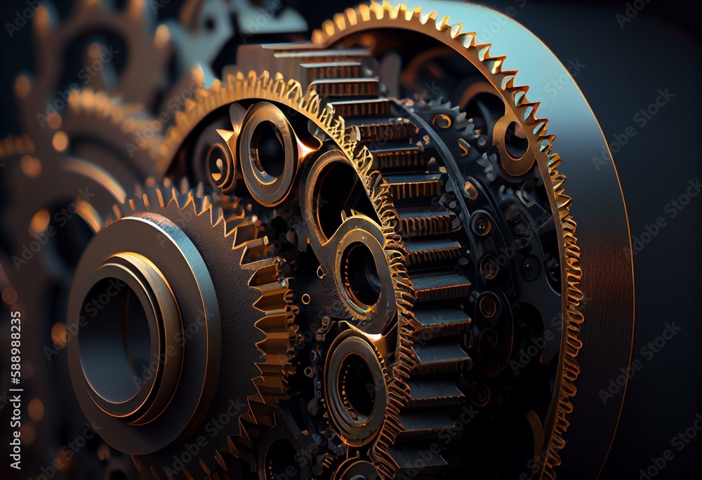 Dark wallpaper with black gears. Close-up of a gearbox with a special ...
