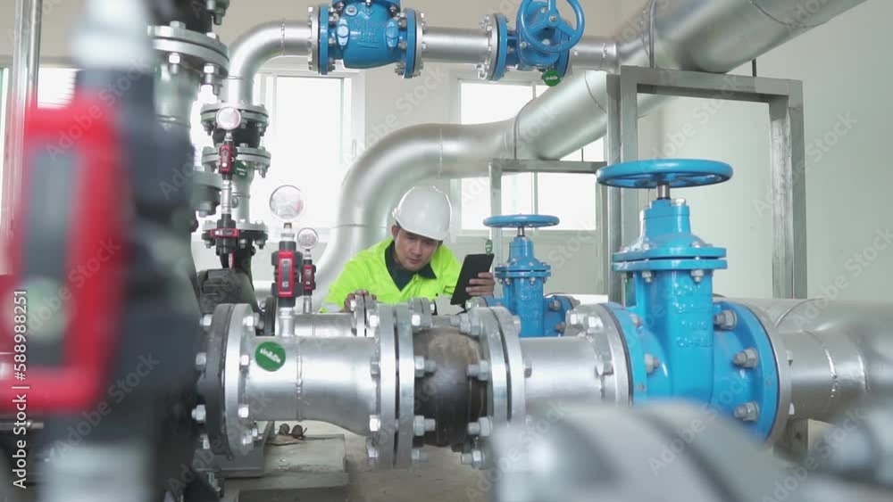 A engineering at inspects water pump valves equipment in a substation ...