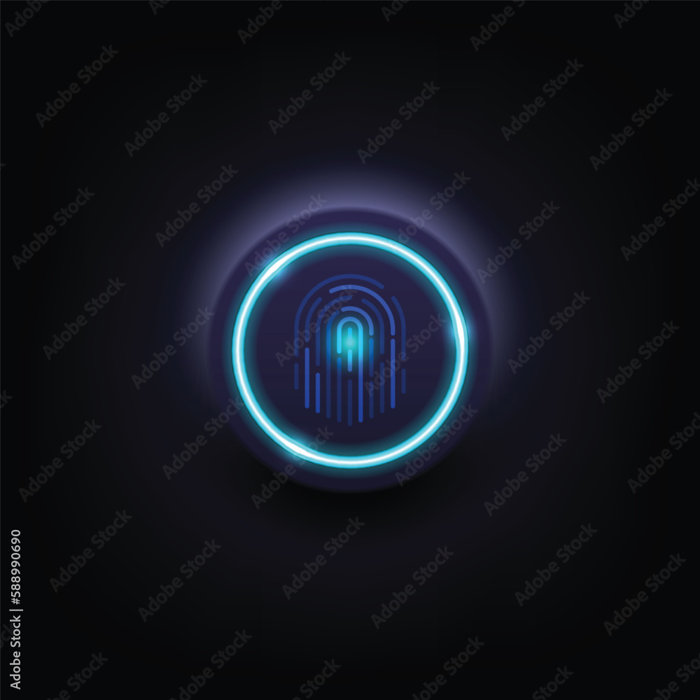 Neon glowing fingerprint button. Technology blue button light neon ...