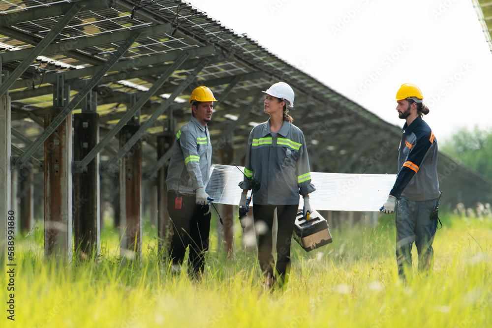 Engineering and technicians unloading repaired solar panels to be ...