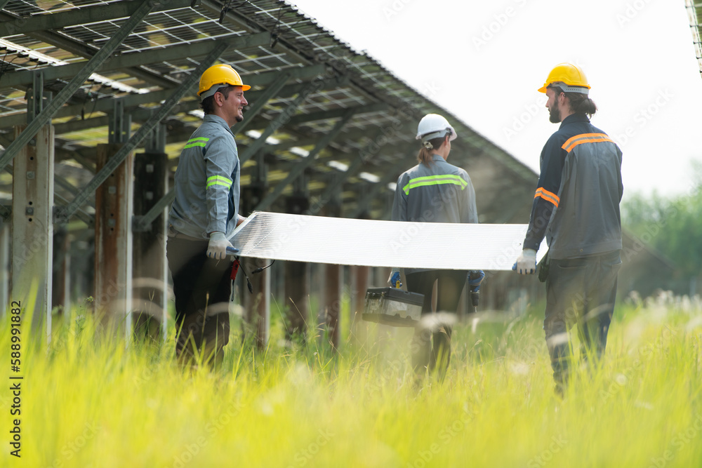 Engineering and technicians unloading repaired solar panels to be ...
