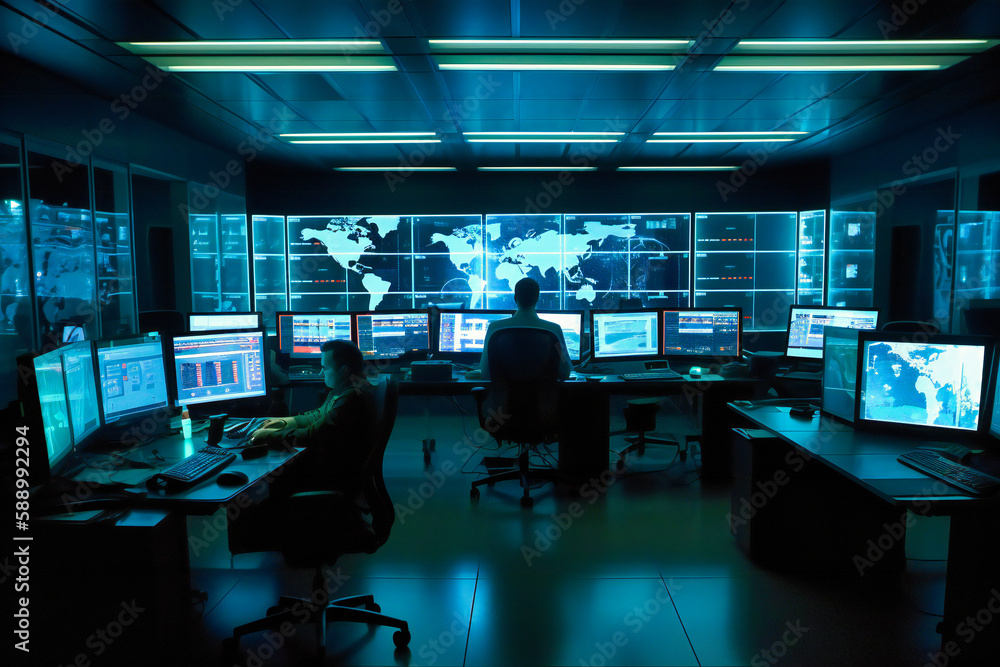 Data scientists collaborate in a futuristic control room filled with holographic big data ...