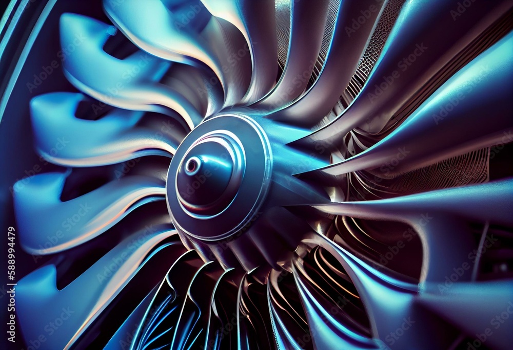 3D Rendering jet engine, close-up view jet engine blades. Blue tint ...