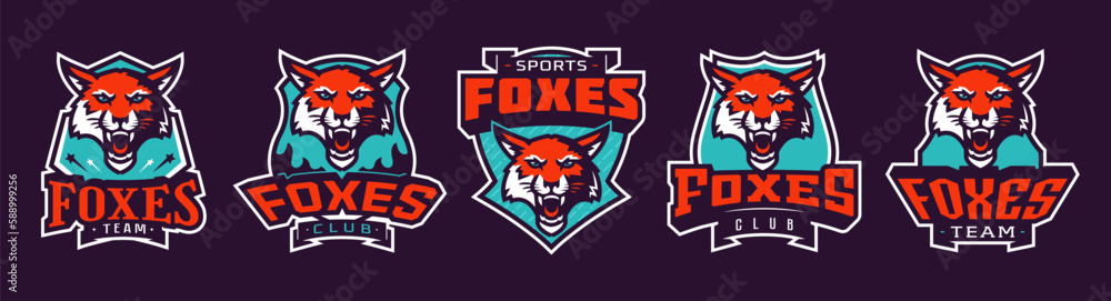 Set of sports logos with fox mascots. Colorful collection sports emblem ...