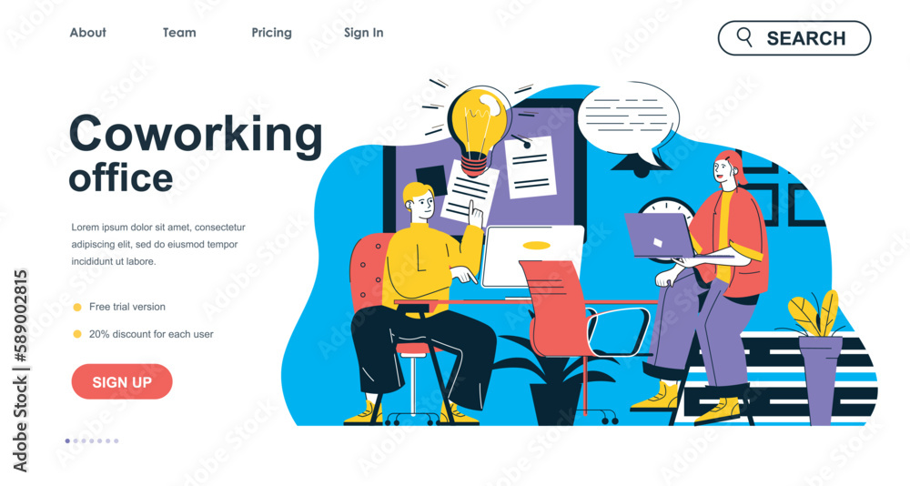 Coworking office concept for landing page template. Employees ...
