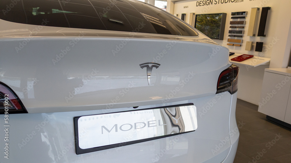 tesla model y ev rear car electric vehicle us brand logo and sign text ...