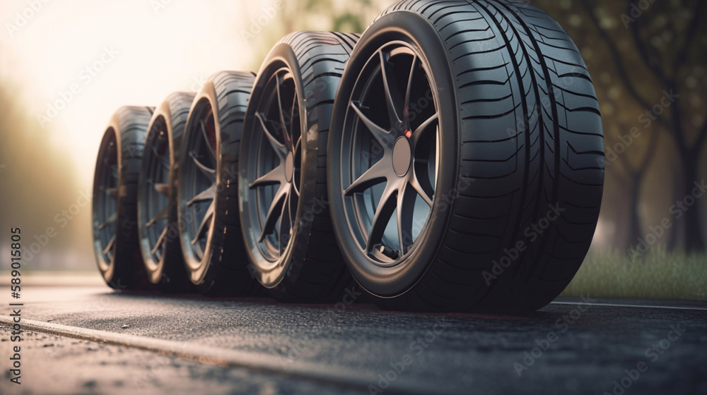 four car wheels on the road. Generative AI Stock Illustration | Adobe Stock