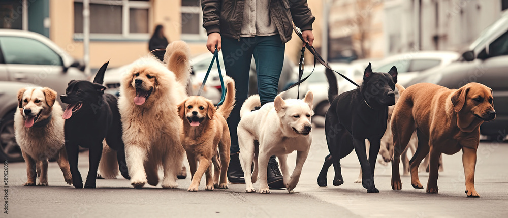 Dog walker with group of dogs enjoying in walk in the city. Stock ...