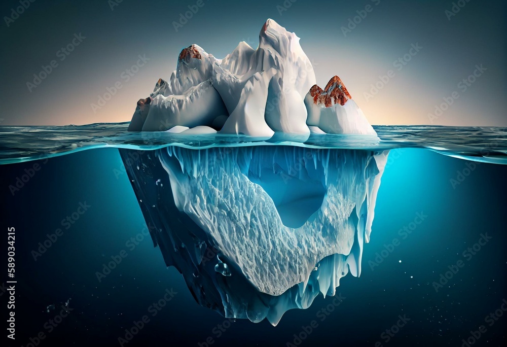 3D illustration featuring melting ice cap with water and ice on top ...