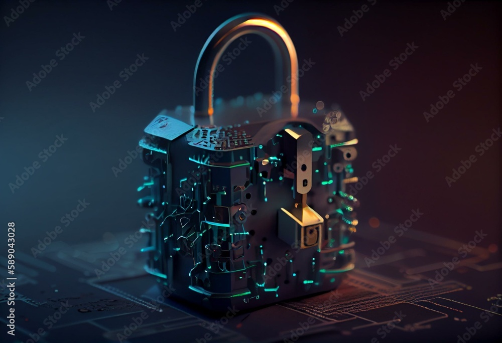 Cybersecurity and digital data protection technology concept. Connection of small binary padlock ...