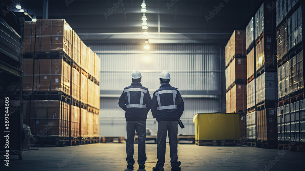 Two workers are standing in the warehouse. Hangar with racks and boxes ...