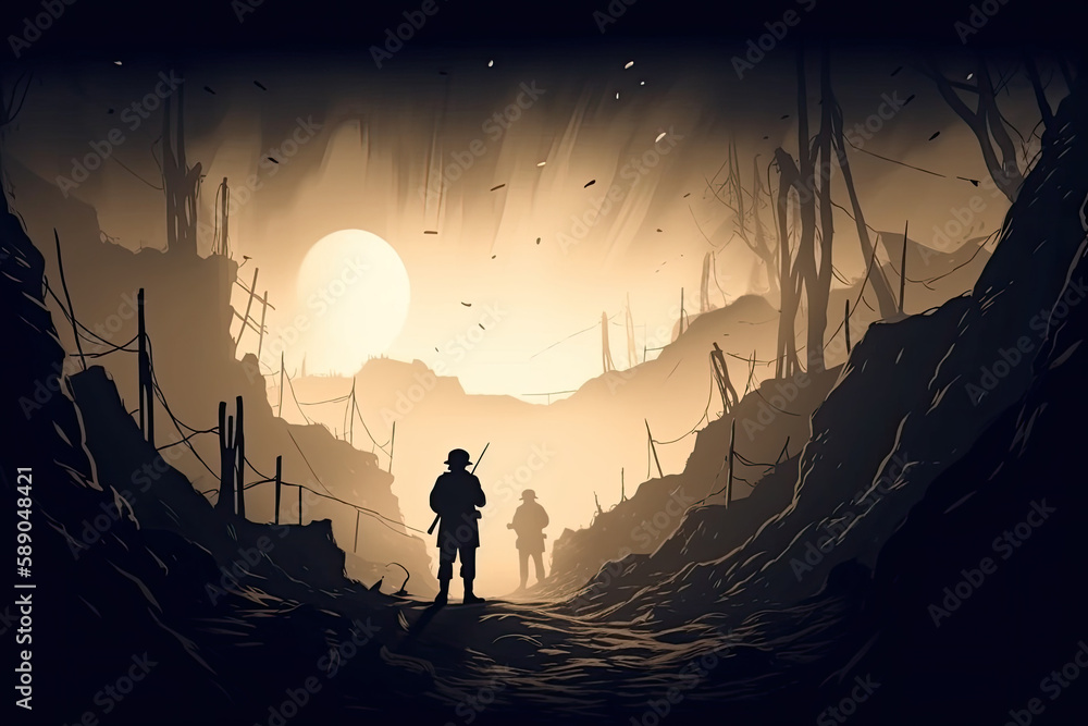 World War 1 trench warfare with silhouettes of soldiers among smoke and ...