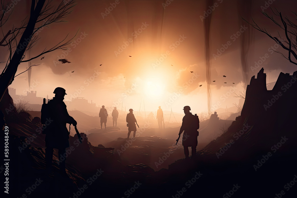World War 1 trench warfare with silhouettes of soldiers among smoke and ...