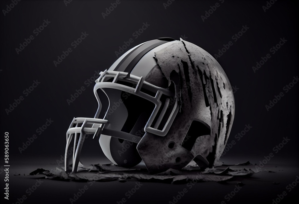 a football helmet with a torn up face and a helmet on it's side, with a ...