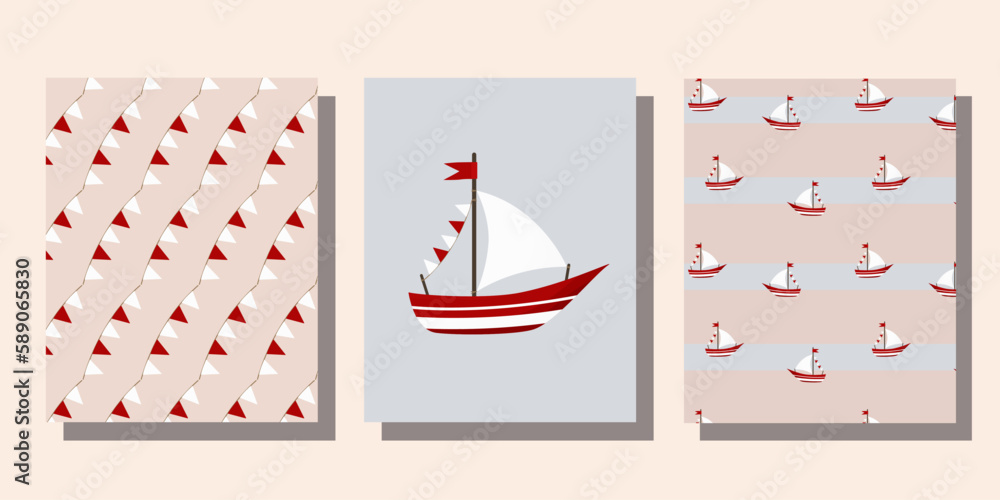 Set of postcards and seamless patterns in nautical style. Marine theme ...