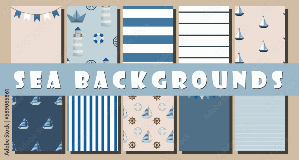 Set of postcards and seamless patterns in nautical style. Marine theme ...
