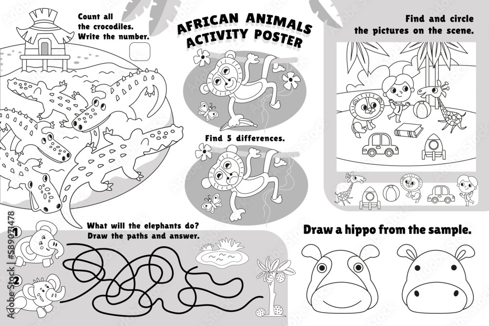 Vektorová grafika „African animals activity poster. Connect pairs, maze ...