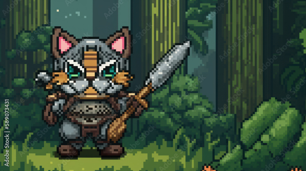 Pixel art close up of a cat knight in armor and with weapon in paw ...
