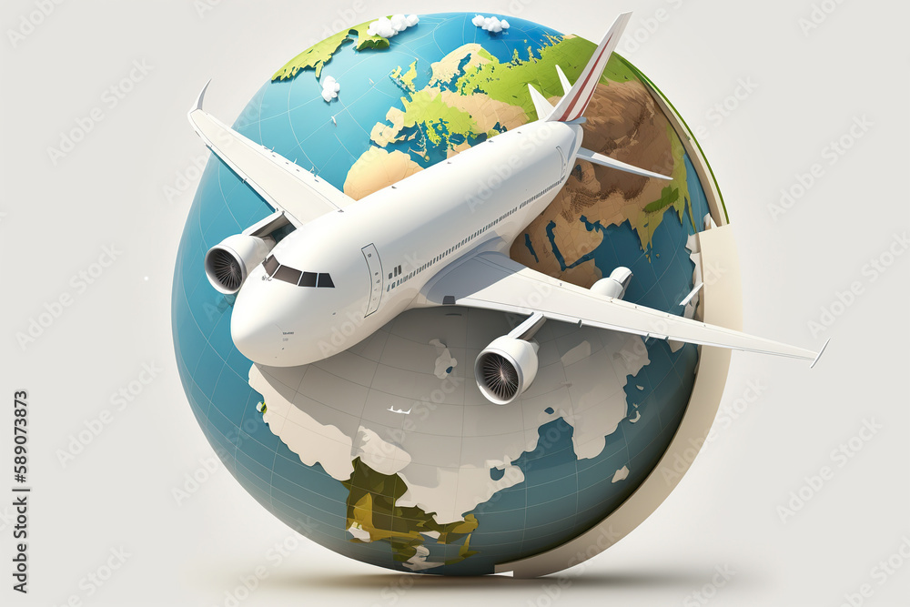 Aircraft flying around globe Earth planet on white background. Flight ...