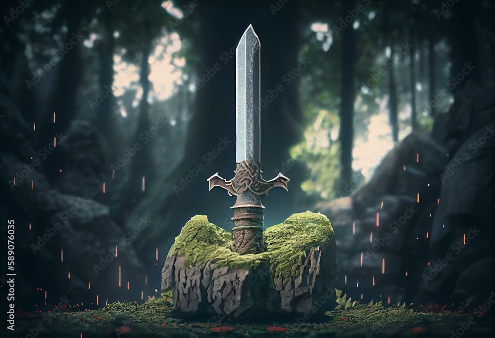 Pixel art sword stuck in stone in forest, excalibur sword, background ...