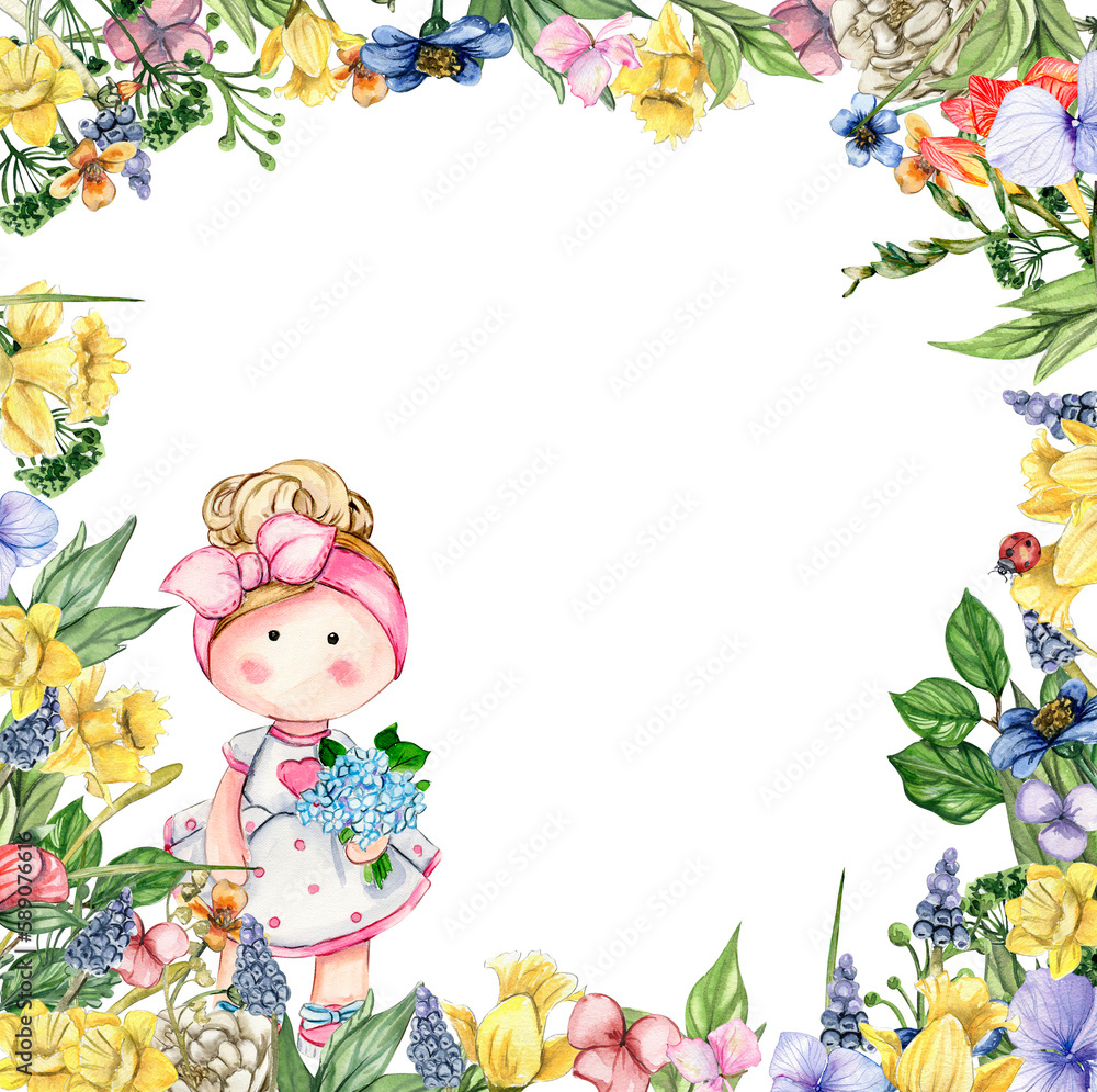Watercolor square flower frame in cartoon style with a cute girl doll ...