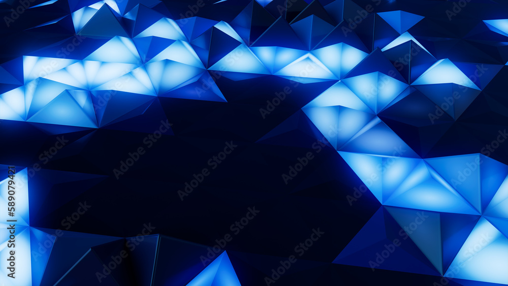 Illuminated, Blue Geometric Surface with Triangular Pyramids. Modern ...
