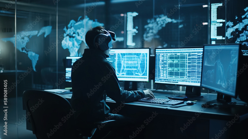 Hacker in a hoodie, back view, under dark lighting. Abstract background ...