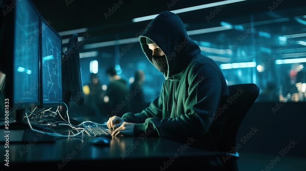 Hacker in a hoodie, back view, under dark lighting. Abstract background ...