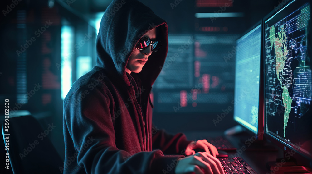 Hacker in a hoodie, back view, under dark lighting. Abstract background ...
