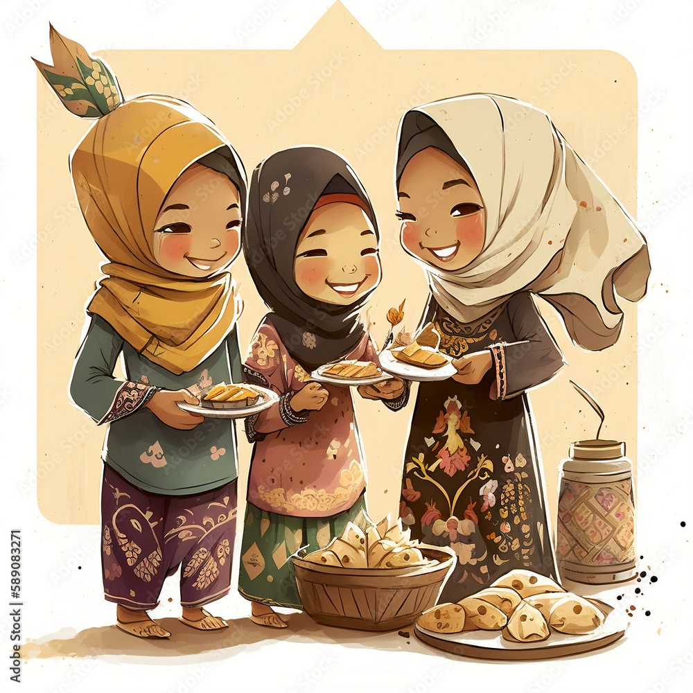 girls celebrating hari raya Stock Illustration | Adobe Stock