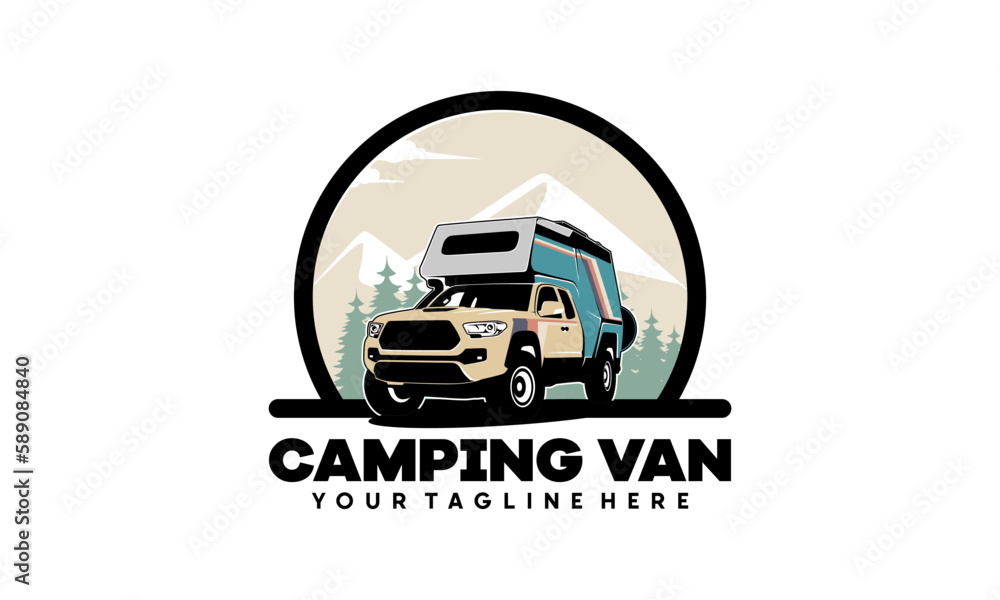 RV camper van classic style logo vector illustration, camper truck with ...