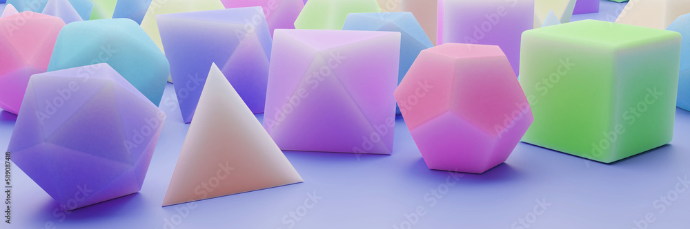 assortment of Platonic solids in bright soft colours, polyhedra ...