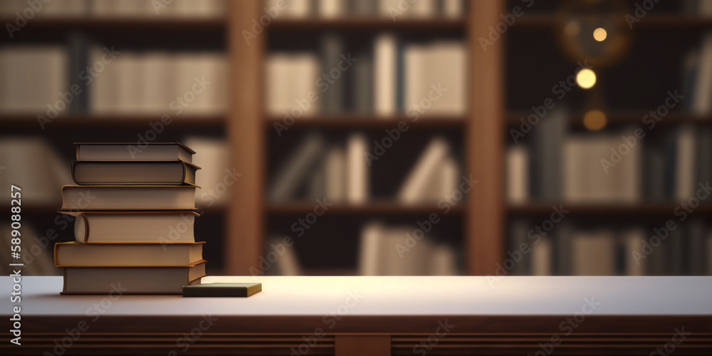 Books on a table in a Library room, blur background library, library ...