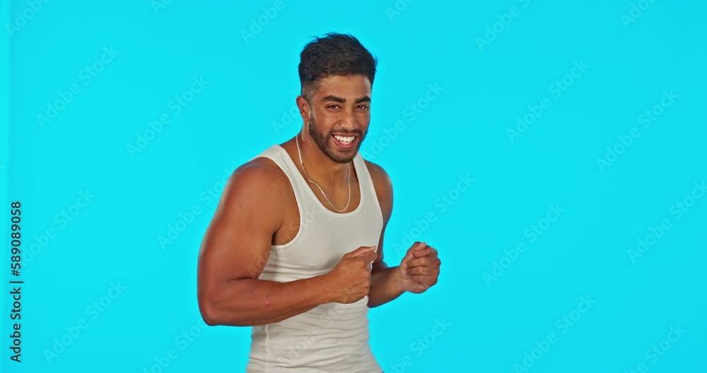 Happy, dance and face of a male in a studio with music, radio or ...