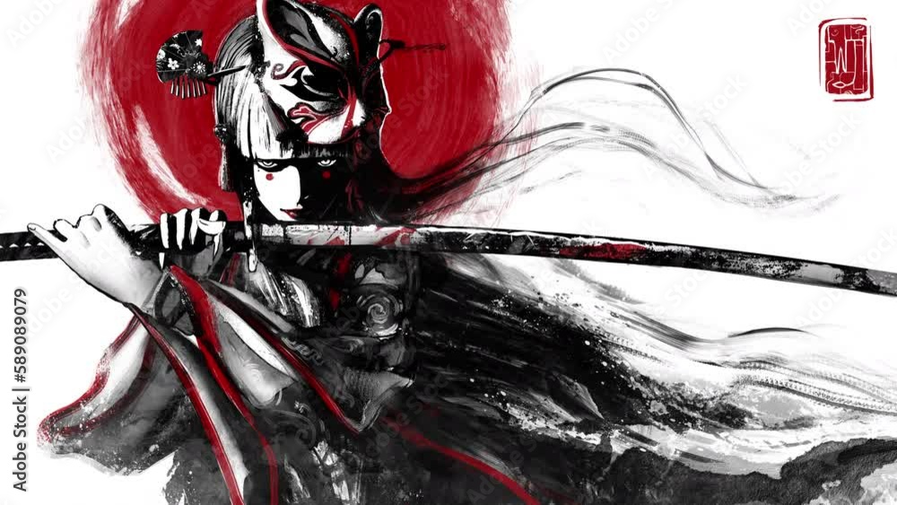 charming young samurai girl with a fox mask on head and a sharp bloody ...