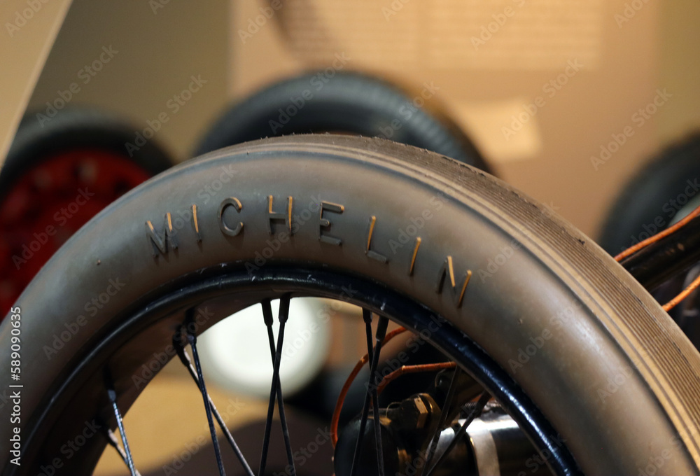 Michelin vintage tires on display at their museum in Clermont-Ferrand ...