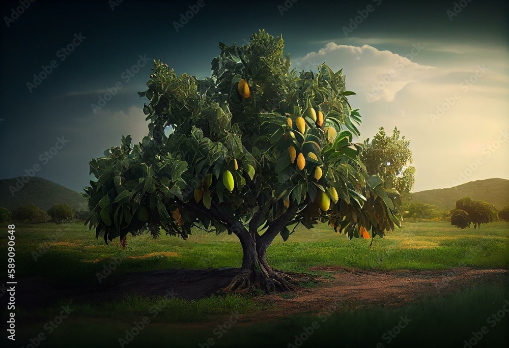 Beautiful Mango Tree with Ripe Fruits in Natural Green Landscape ...