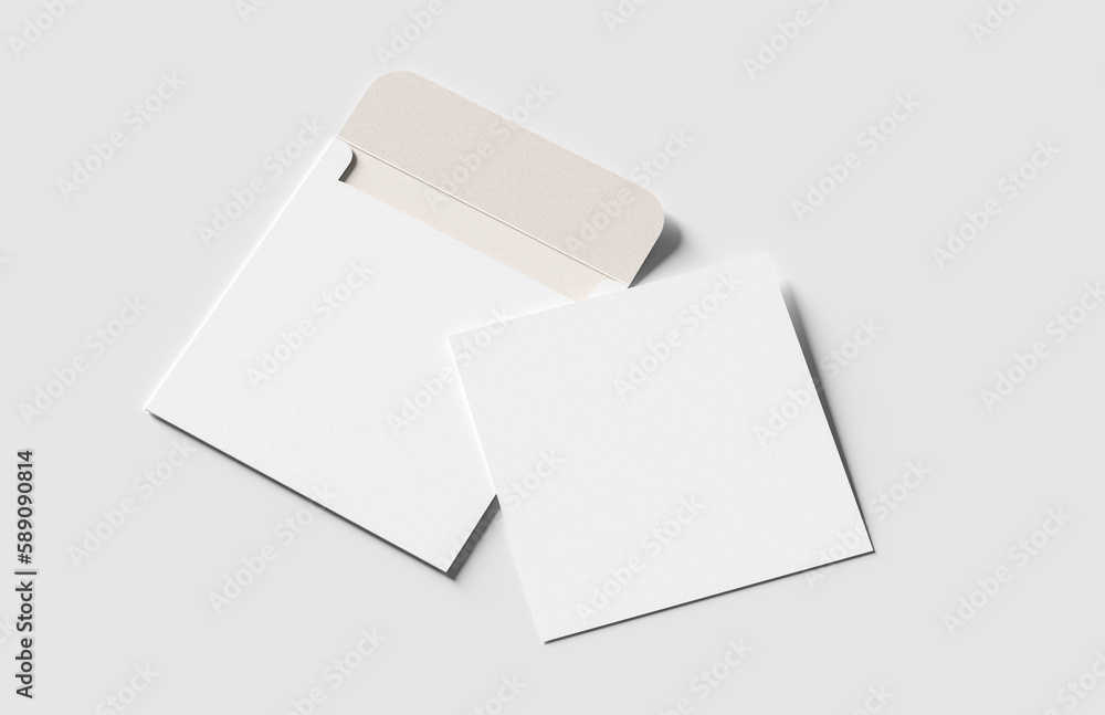 Square envelope and invitation mock up isolated on white background. 3D ...