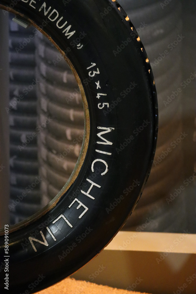 Michelin vintage tires on display at their museum in Clermont-Ferrand ...